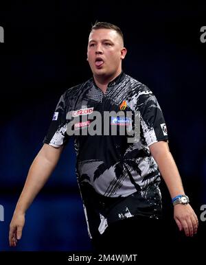 Chris Dobey reacts during his match against Kevin Doets during day ...