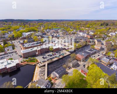 Ipswich River and Mills Dam aerial view in spring at town center of ...