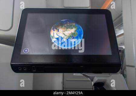The globe on the display of the passenger monitor in the plane Stock ...