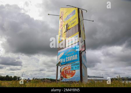 Vaalimaa, Kymenlaakso, Finland. 29th July, 2022. Fish Shop Billboard ...