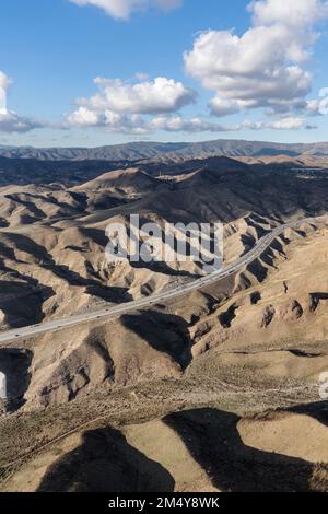 Vertical aerial view of the 14 freeway near Santa Clarita and Agua ...