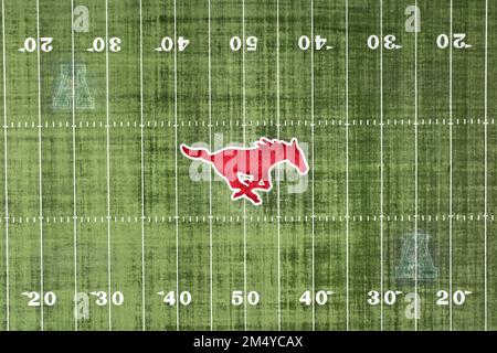 A general overall aerial view of the SMU Mustangs logo on the football ...