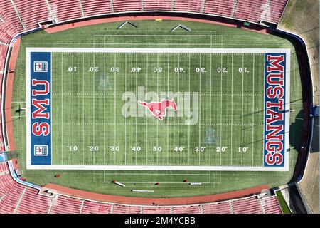A general overall aerial view of the SMU Mustangs logo on the football ...