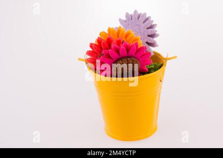 Different color flowers in bucket on white background Stock Photo - Alamy
