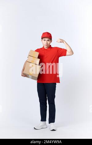 man in workwear with cardboard box isolated on white background Stock ...