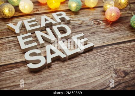 Year End Sale alphabet letters decorate with LED cotton balls on wooden ...