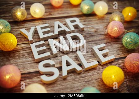 Year End Sale alphabet letters decorate with LED cotton balls on wooden ...