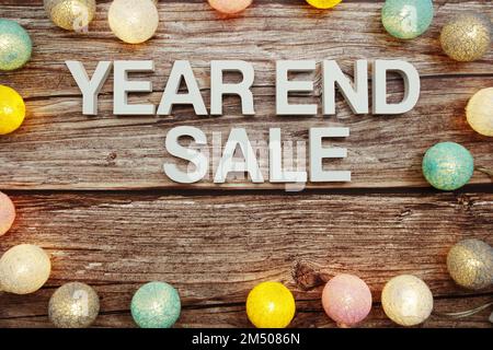 Year End Sale alphabet letters decorate with LED cotton balls on wooden ...