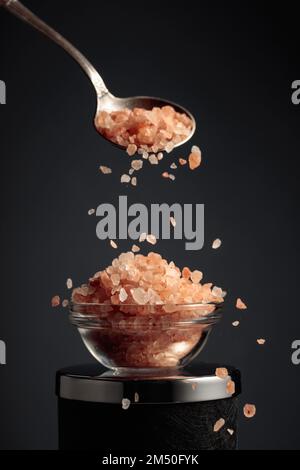 Glass bowl of himalayan salt and small spoon on black background Stock ...