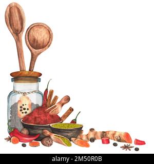 Hand-drawn watercolor ceramic bowls with turmeric, paprika and nutmeg ...