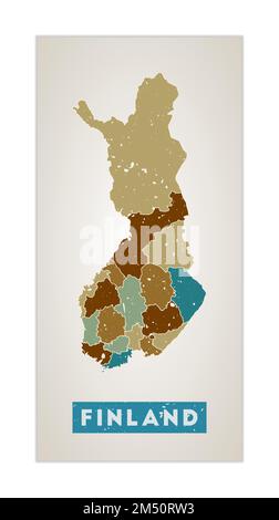 Finland vintage map. Grunge poster with map of the country in retro ...