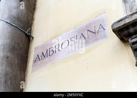 The entrance of the Biblioteca Ambrosiana, a historic library in Milan ...