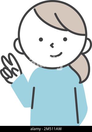 Peace sign girl asian with long straight hair 2D line vector avatar ...