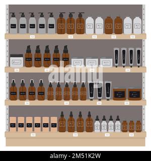 Natural cosmetic products on shelves semi flat color vector object ...