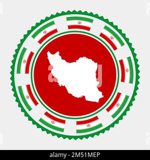 Iran badge. Map of the country with beautiful geometric waves and vibrant red and blue frame ...