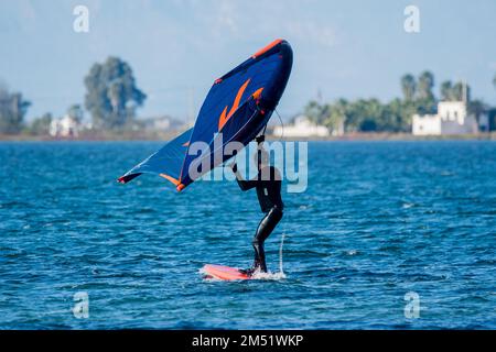 A Wing Foil Surfer Wing Foiling Ebro Delta Catalonia Spain Stock
