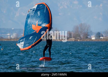 A Wing Foil Surfer Wing Foiling Ebro Delta Catalonia Spain Stock