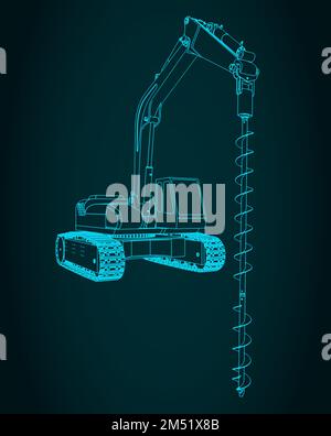Stylized vector illustration of blueprints of pile drilling machine ...