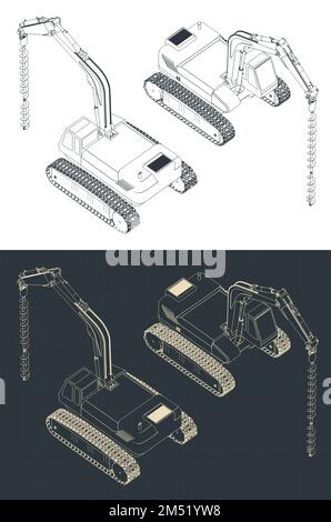 Stylized vector illustration of blueprints of pile drilling machine ...