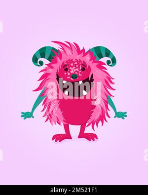Cute cartoon vector monster. Pink reptile monster character with ...