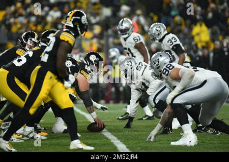 The Las Vegas Raiders line up against the Los Angeles Chargers in an ...