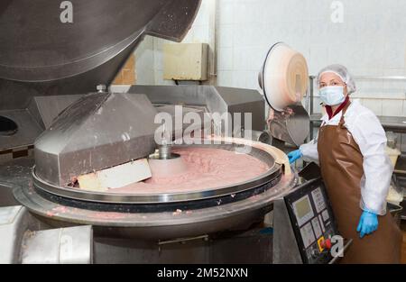 Female controlling making of meat batter Stock Photo - Alamy