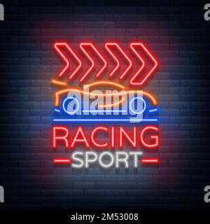Racing Sports billboard neon logo emblem pattern. A glowing sign on the ...