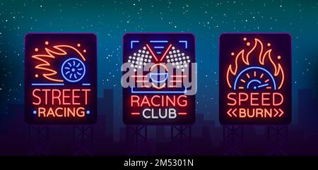 Racing neon logos pattern. A glowing sign on the theme of the races ...