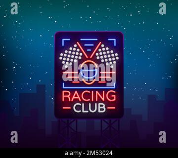 Racing Sports billboard neon logo emblem pattern. A glowing sign on the ...