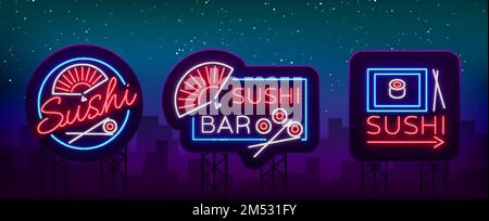 Sushi logo in neon style. Bright neon sign with text is isolated ...