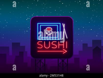 Sushi logo in neon style. Bright neon sign with text is isolated ...