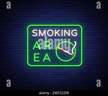Smoking area is a vector neon sign. Neon symbol, a luminous sign is a ...