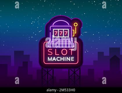 Slot machine logo in neon style. Neon sign, bright luminous banner ...