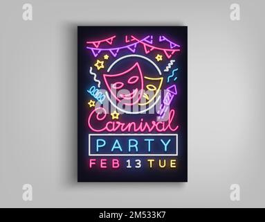 Carnival party poster in neon style. Neon sign, design template, bright ...