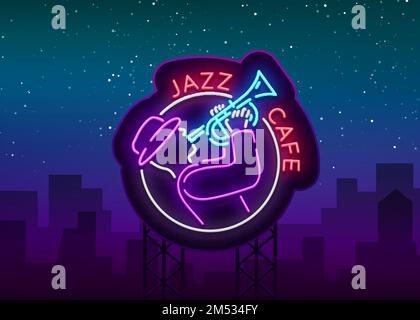 Jazz cafe logo in neon style. Neon sign symbol, emblem, light banner ...