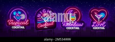 Cocktail collection logos in neon style. Collection of neon signs ...