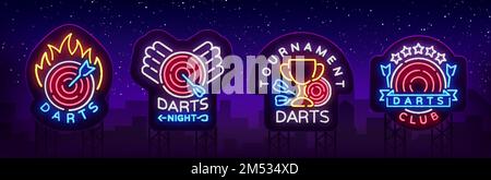 Darts collection of neon signs. Vector illustration. Bright nightly ...
