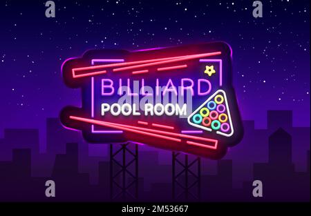 Billiard club neon sign. Billiard pool room Design template Bright neon ...