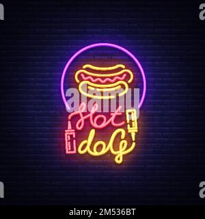 Hot dog logo in neon style design template. Hot dog neon signs, light ...
