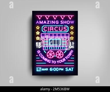 Circus flyer in neon style. Circus show with elephant neon sign poster ...