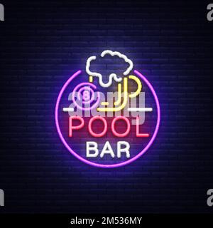 Pool bar logo in neon style. Neon sign design template for Billiard bar ...