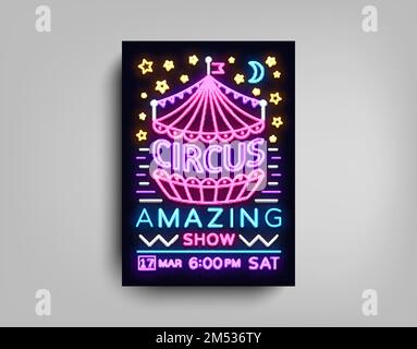 Circus flyer in neon style. Circus show with elephant neon sign poster ...