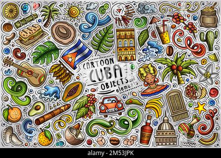 Cartoon vector doodle set of Cuban traditional symbols, items and ...