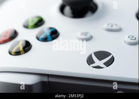 New york, USA - December 21, 2022: White xbox x controller on black ...