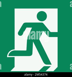 Emergency exit safety sign. White running man icon on green background - left, right and stairs ...