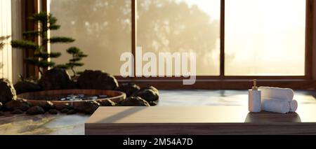 Beautiful natural Japanese Onsen spa with classic round wooden bath ...