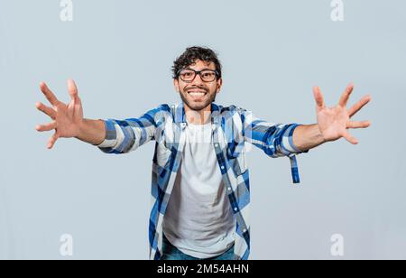 Generous man with open arms, Man sharing open hands looking at the ...
