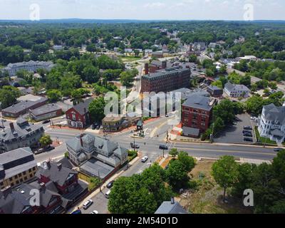 Spicket Falls Mill at Spicket River aerial view Methuen downtown in ...