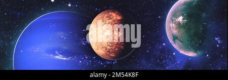 Planets, stars and galaxies. Panorama. Horizontal view for a glass ...