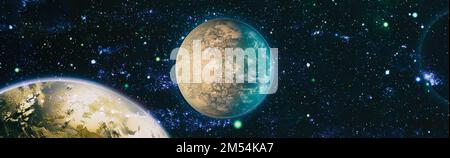 Planets, stars and galaxies. Panorama. Horizontal view for a glass ...